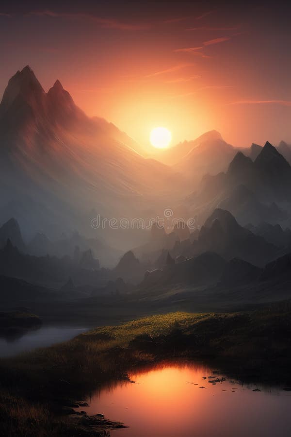 Painting Scenery of the Valley at Sunset Stock Illustration ...