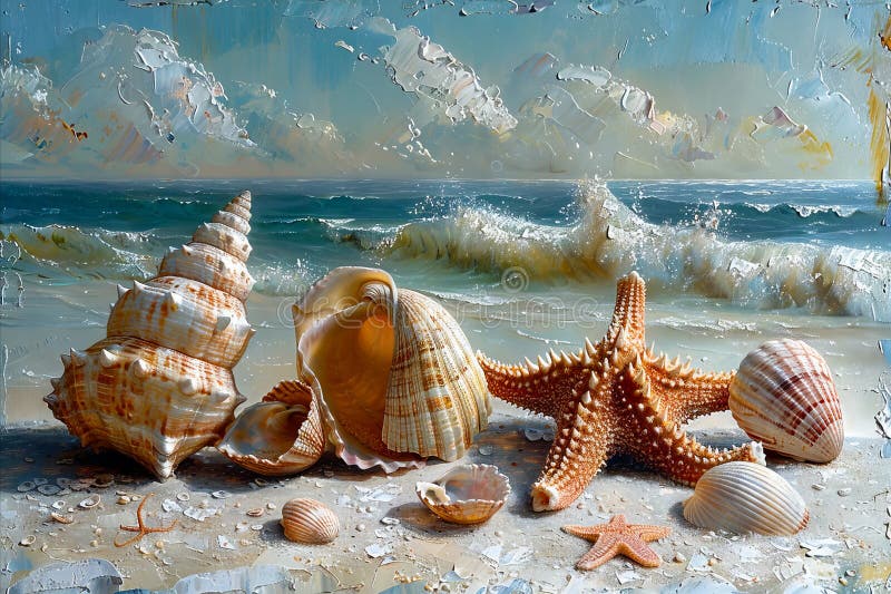 A Painting of Seashells on the Beach Stock Photo - Image of marine ...