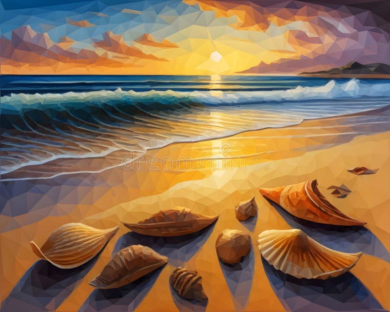 A Painting of Seashells on a Beach at Sunset, Stock Illustration ...