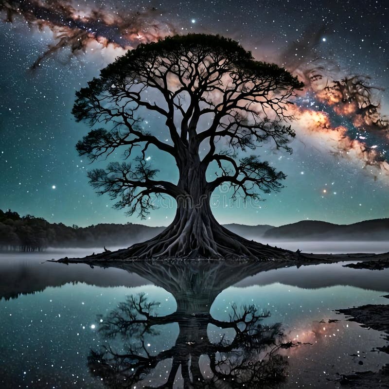 A Painting of a Serene Landscape with a Tree, Water, and Stars. Stock ...