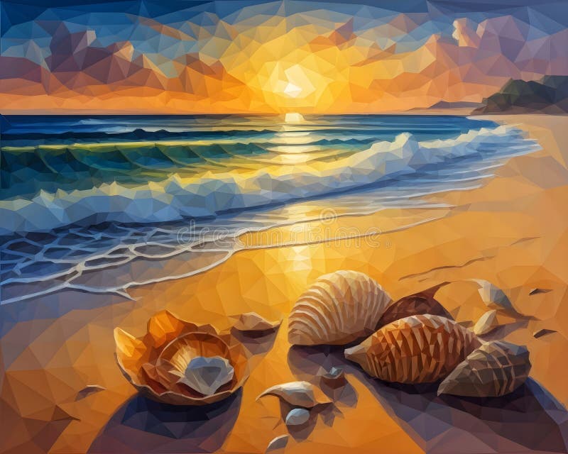 A Painting of Shells and Seashells on a Beach at Sunset. Stock ...