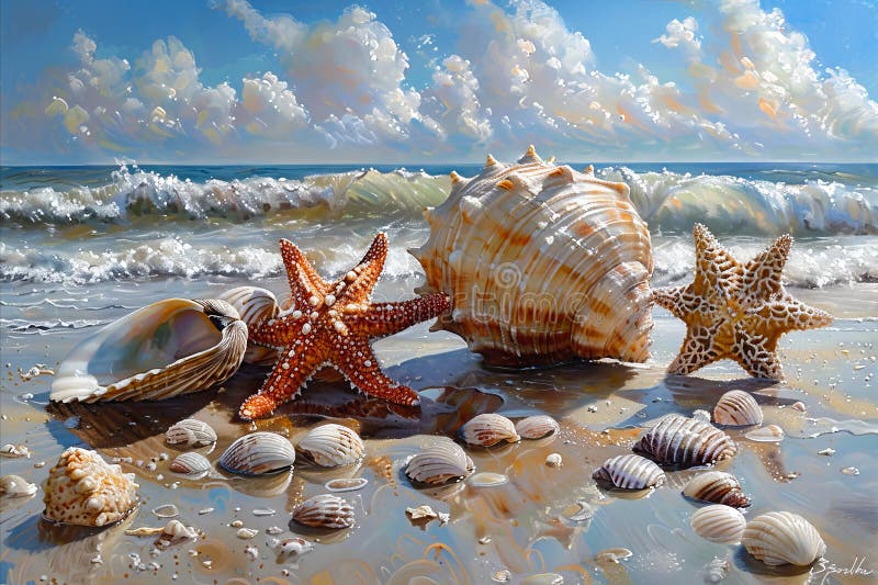 A Painting of Shells and Starfish on the Beach Stock Image - Image of ...