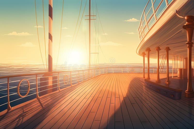 A Painting of a Ship Deck with the Sun Setting in the Background Stock ...