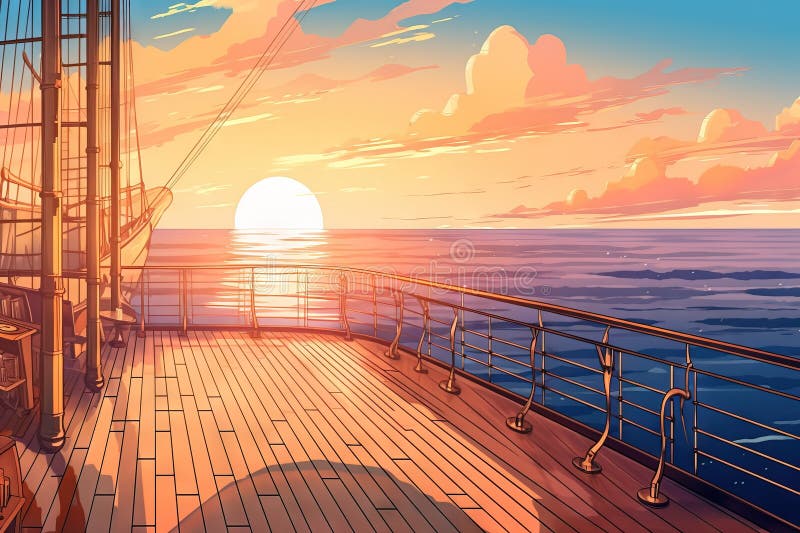 A Painting of a Ship Deck with the Sun Setting Over the Ocean Stock ...