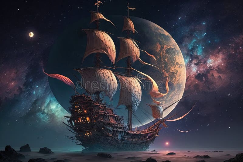 A Painting of a Ship Floating in the Ocean at Night Stock Illustration ...