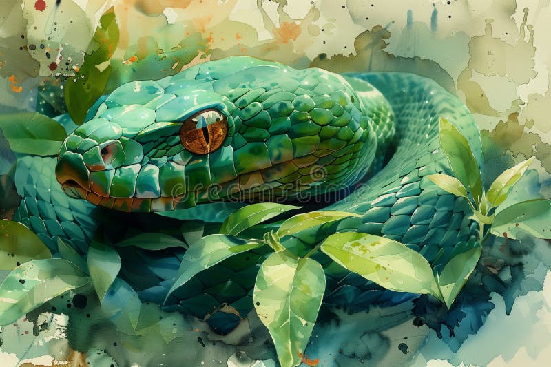 A Painting Showcasing a Green Snake Coiled on a Leafy Branch Stock ...