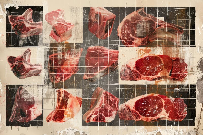 A Painting Showcasing Various Cuts of Dry-aged Beef, Bacon, and Veal ...