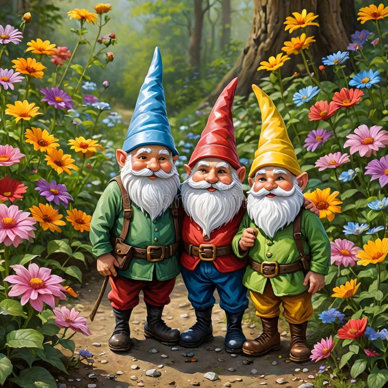 A Painting Showing Three Gnomes in a Flower Garden. Stock Illustration ...