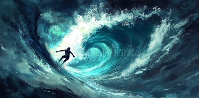 The Painting Shows a Surfer on a Wave S Crest, with Artistic Layers of ...