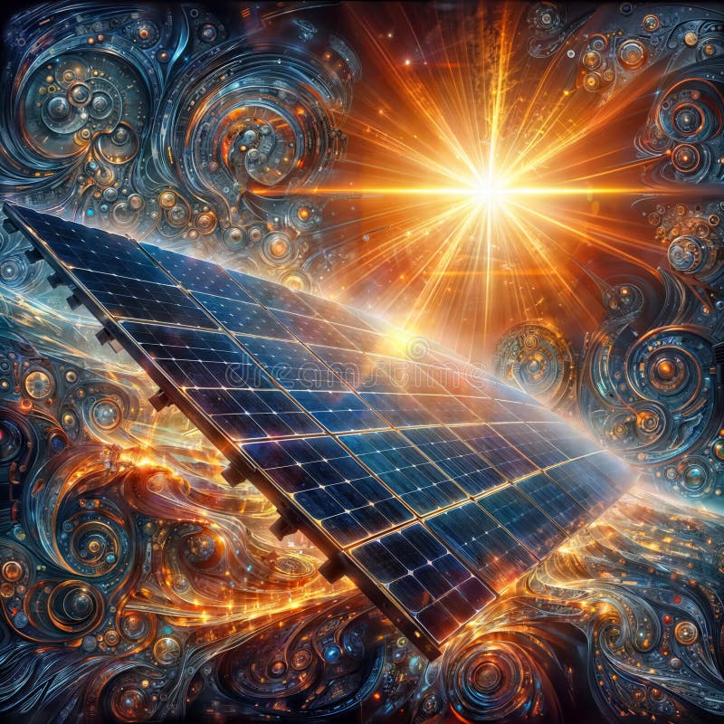 Space Age Clean Energy: Painting of Solar Panel & Distant Sun ...