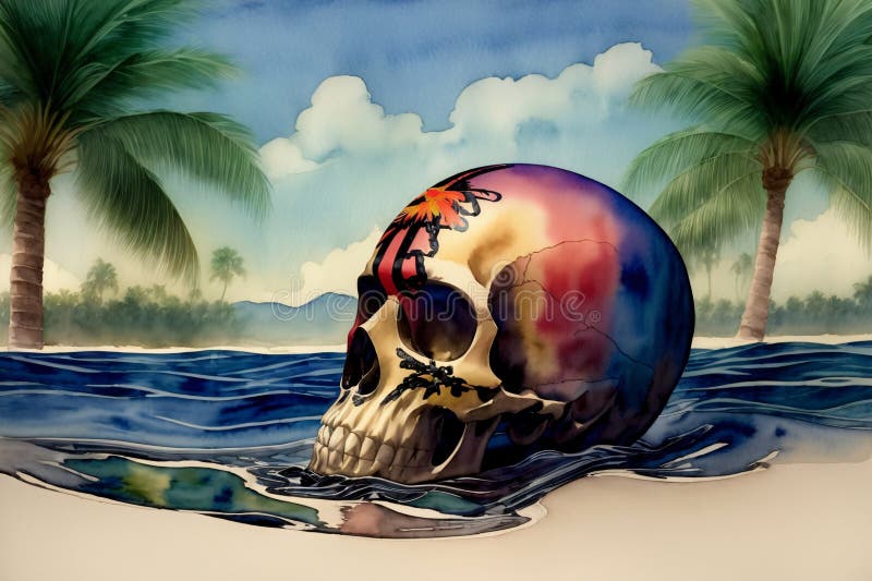 A Painting of a Skull in the Water. Generative AI Stock Illustration ...
