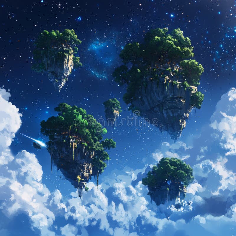 A Painting of a Sky with Four Trees Floating in it Stock Illustration ...