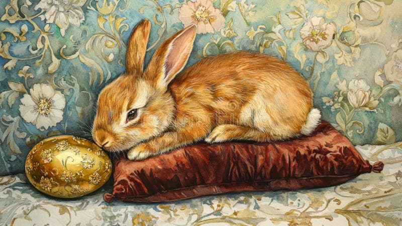 Painting of a Sleeping Rabbit Resting on a Soft Pillow in a Serene ...