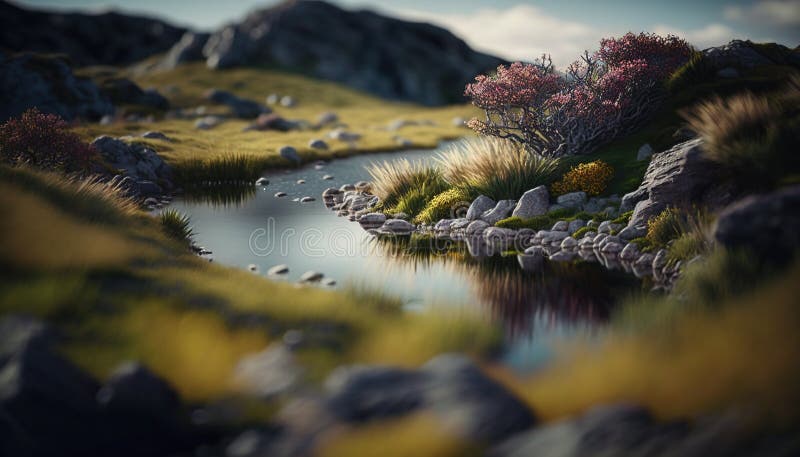 A Painting of a Small River Surrounded by Rocks and Grass Stock ...