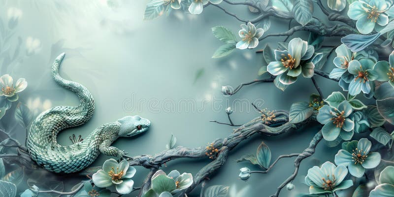A Painting of a Snake Coiled on a Tree Branch Stock Image - Image of ...
