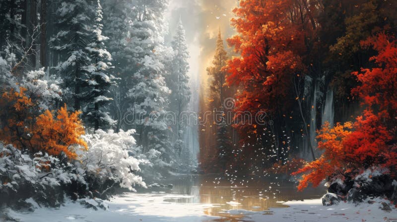 A Painting of a Snowy Forest with Trees and Water, AI Stock Photo ...