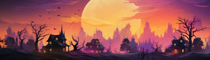 A Painting of a Spooky Town at Sunset Stock Illustration - Illustration ...