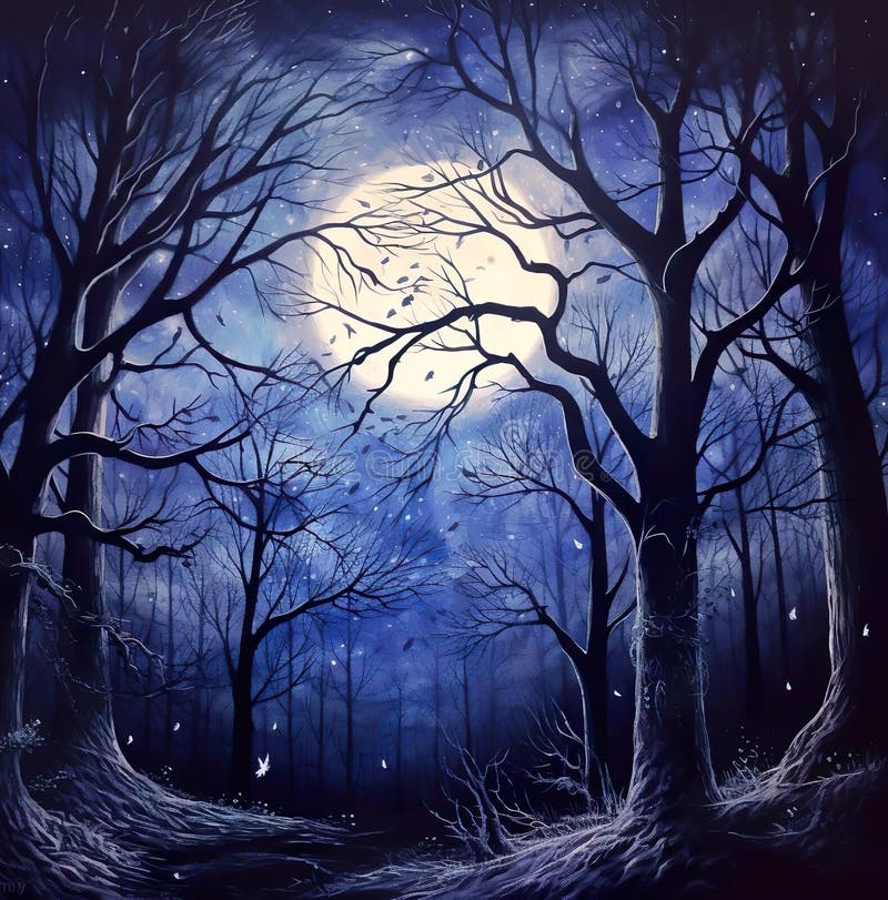 Painting of Spooky Tree with Moon View at Night Scene Stock Image ...