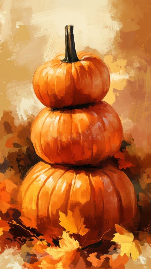 A Painting of a Stack of Three Pumpkins on Top of Leaves, AI Stock ...