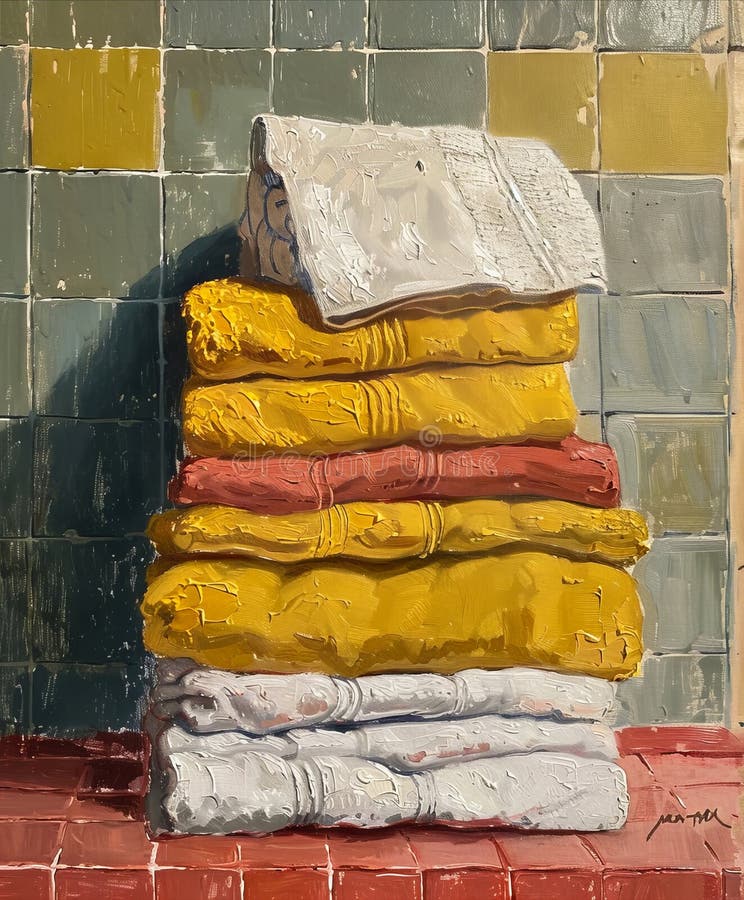 A Painting of a Stack of Towels on a Tiled Floor Stock Image - Image of ...