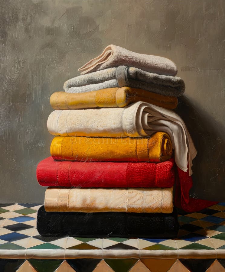 A Painting of a Stack of Towels on a Tiled Floor Stock Image - Image of ...