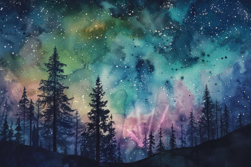 A Painting of a Starry Night Sky with Trees in the Foreground Stock ...