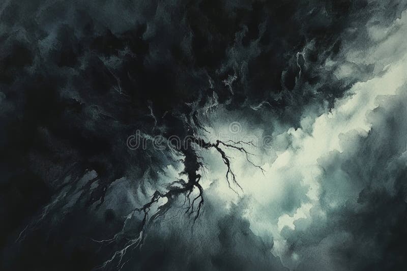 A Painting of a Stormy Sky with a Tree in the Middle Stock Illustration ...