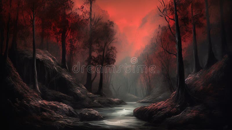 A Painting of a Stream in a Forest with Red Sky Stock Illustration ...