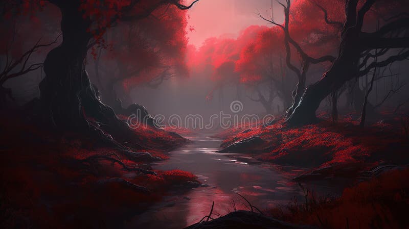 A Painting of a Stream in a Forest with Red Trees Stock Illustration ...