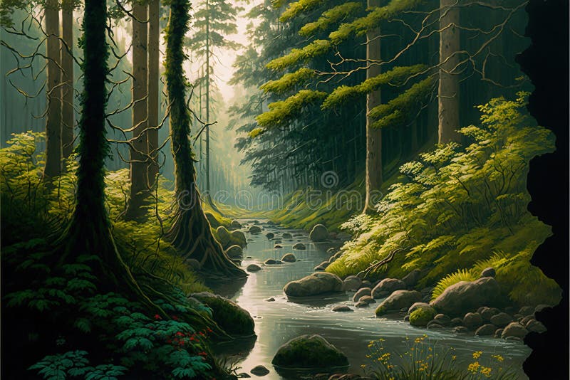 A Painting of a Stream in a Forest with Rocks and Trees in the ...