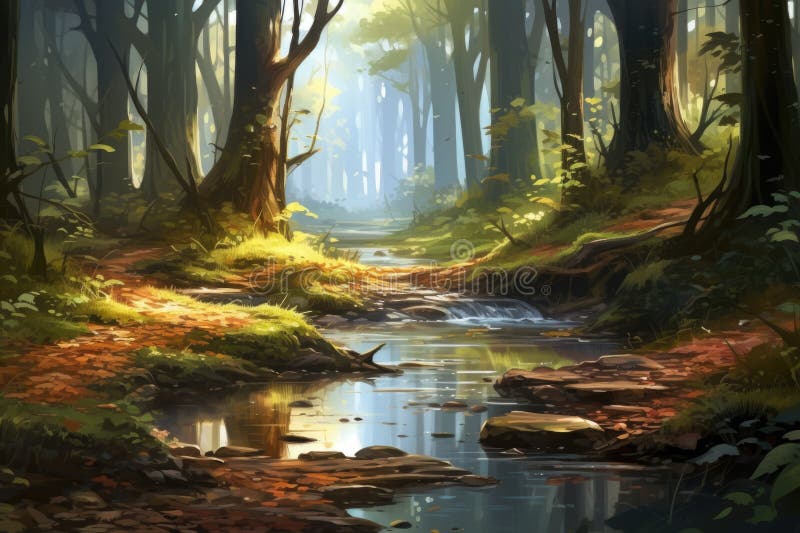 A Painting of a Stream Running through a Forest, AI Stock Illustration ...