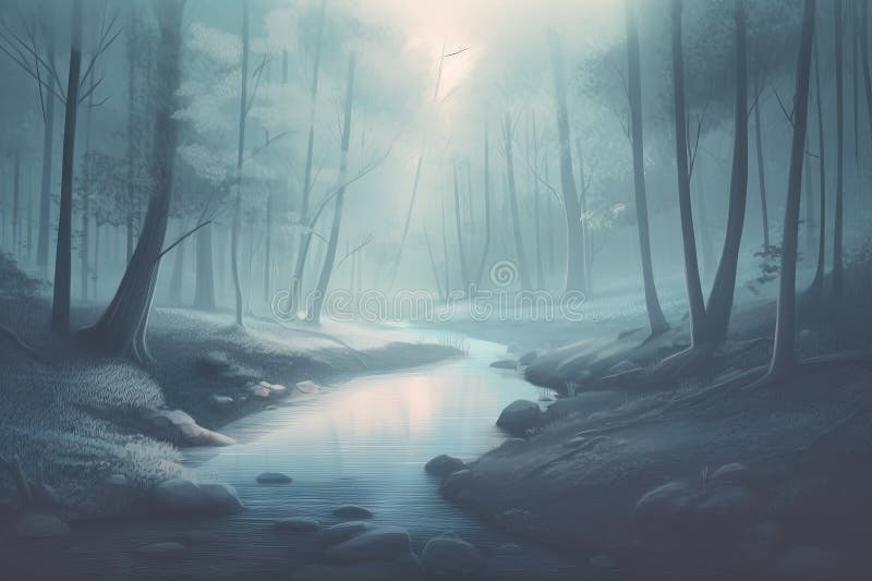 A Painting of a Stream Running through a Forest Filled with Trees Stock ...