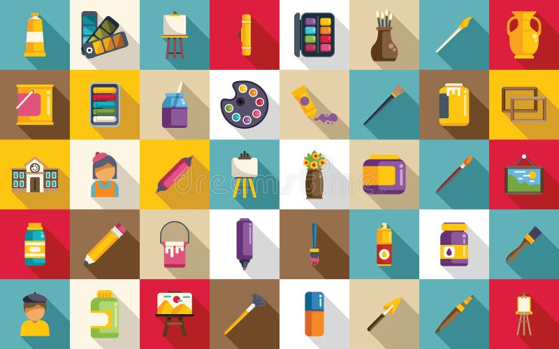 Painting Studio Icons Set Flat Vector. Painter Cloth Artwork Stock ...