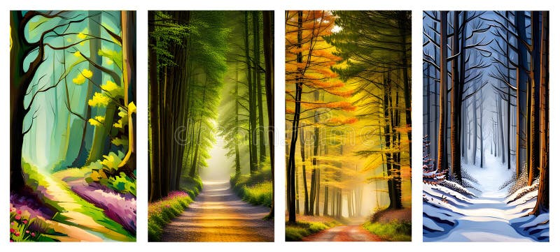 Painting Style Illustration of a Forest Path with Four Panels ...