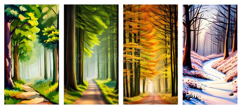 Painting Style Illustration of a Forest Path with Four Panels ...
