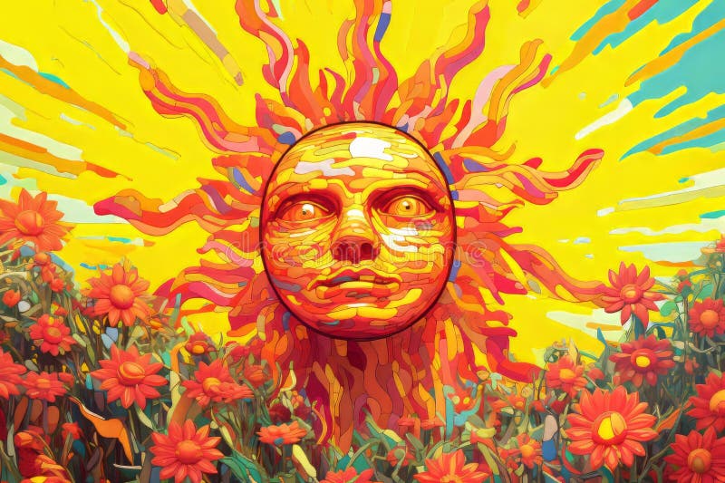 A Painting of a Sun Face Surrounded by Flowers Stock Illustration ...