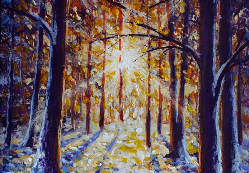 Painting Sun Rays in Winter Forest. Winter Forest Stock Photo - Image ...