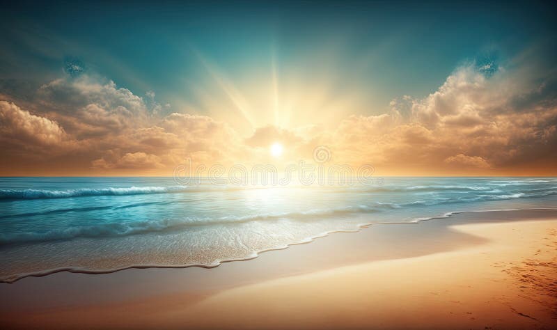 A Painting of the Sun Setting Over a Beach with Waves Stock ...