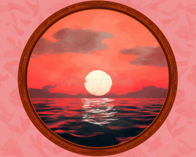 A Painting of the Sun Setting Over the Ocean Stock Illustration ...