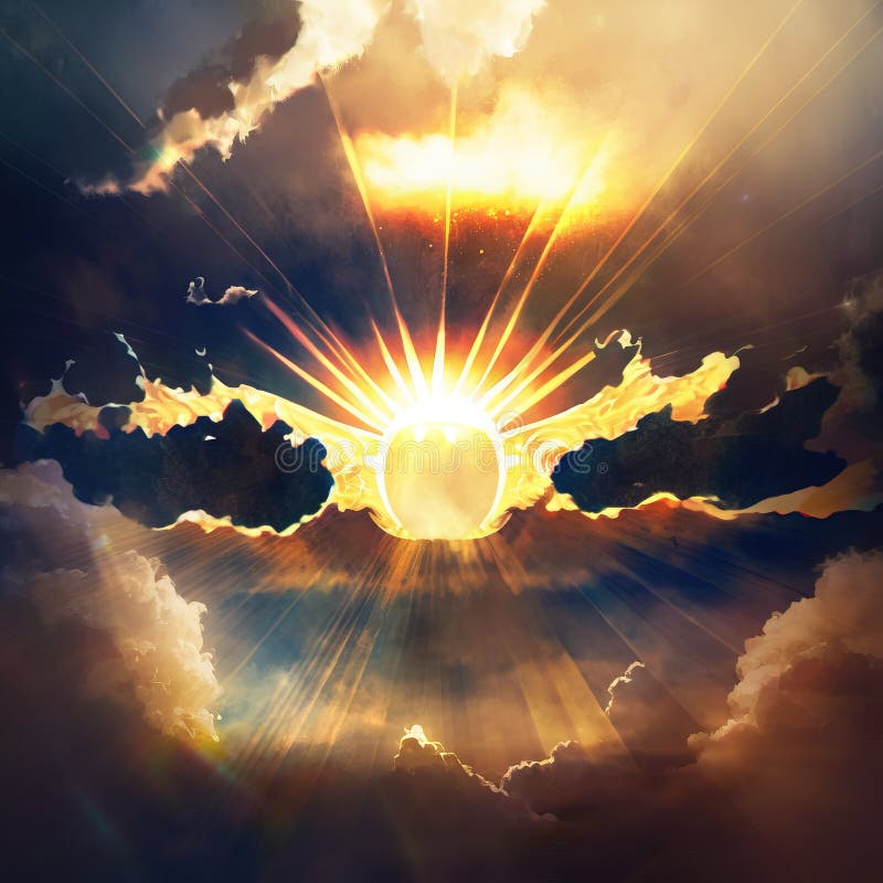 A Painting of the Sun Shining through Clouds in the Sky with a Bird ...