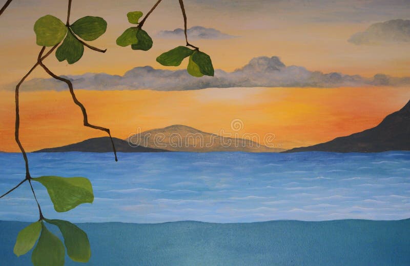 Painting Sunset Behind the Mountain on the Wall Stock Photo - Image of ...