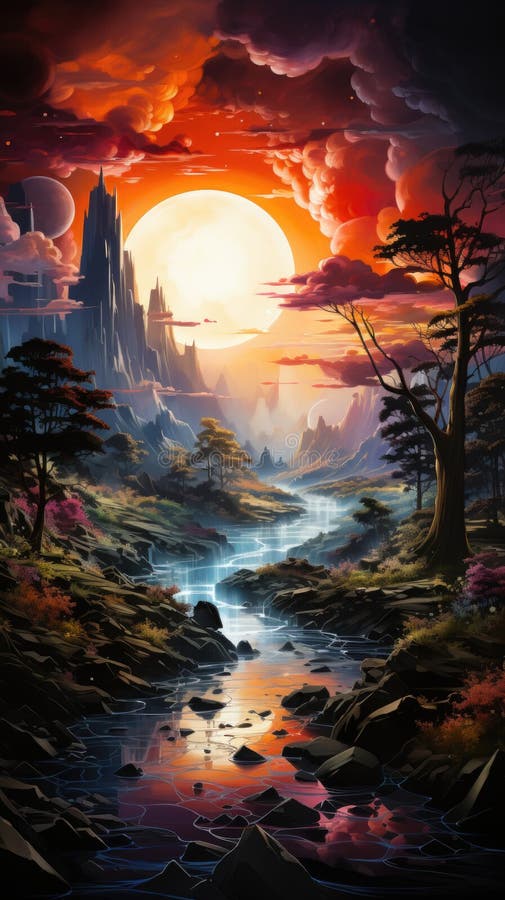 A Painting of a Sunset with a Castle in the Distance. Stock Photo ...