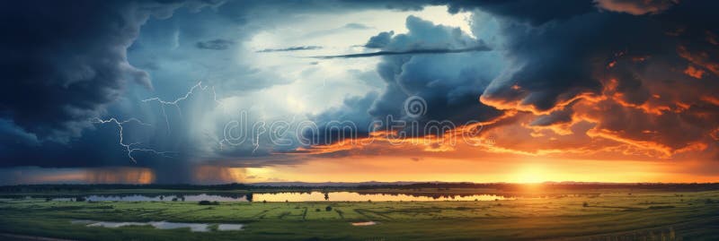 A Painting of a Sunset with Clouds and Lightning Stock Illustration ...