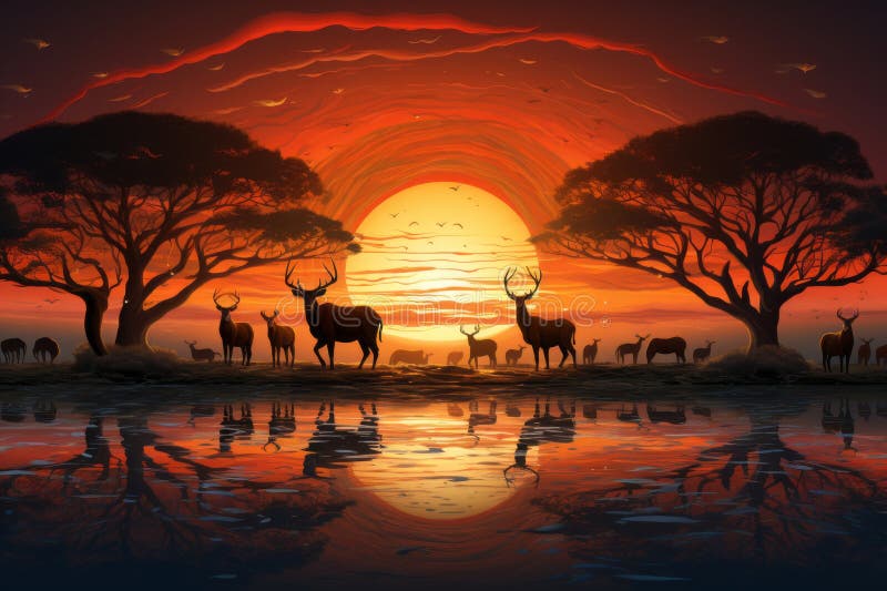 A Painting of a Sunset with Deer and Trees Stock Illustration ...