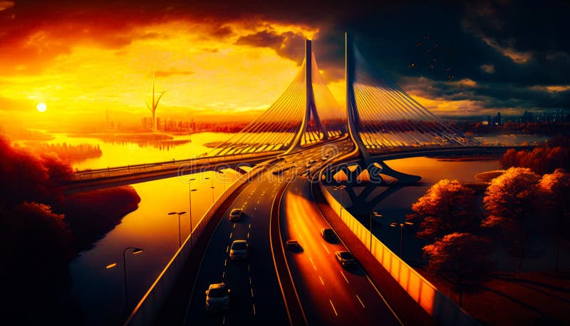 Painting of Sunset Over Bridge Generative AI. Stock Illustration ...