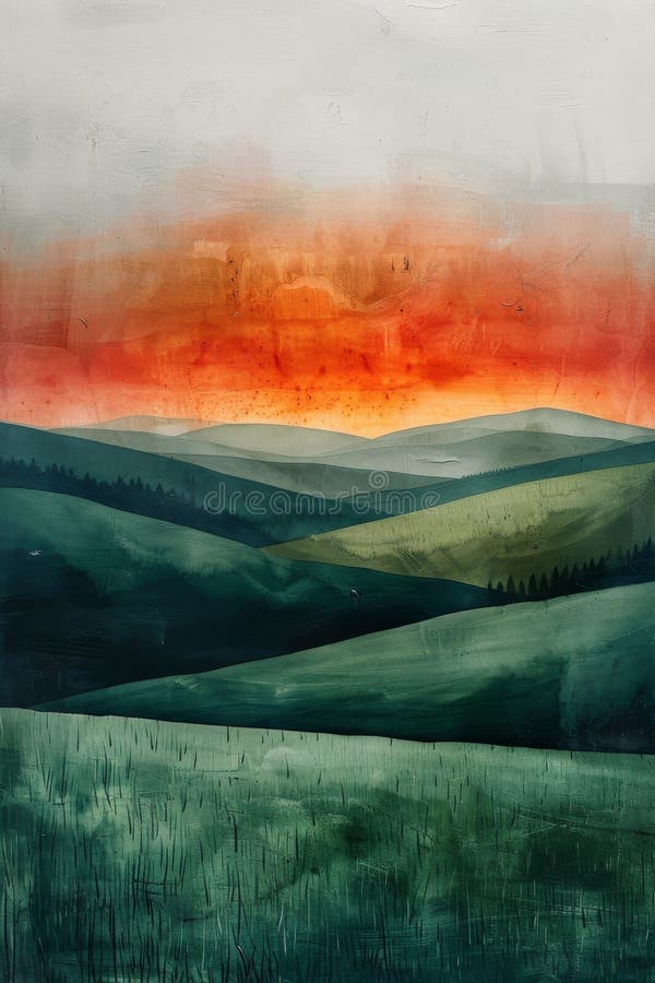 A Painting of a Sunset Over the Hills and Fields, AI Stock Image ...