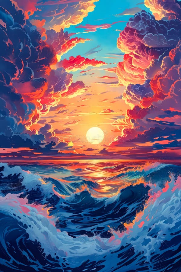 A Painting of a Sunset Over the Ocean with Clouds and Waves. Generative ...