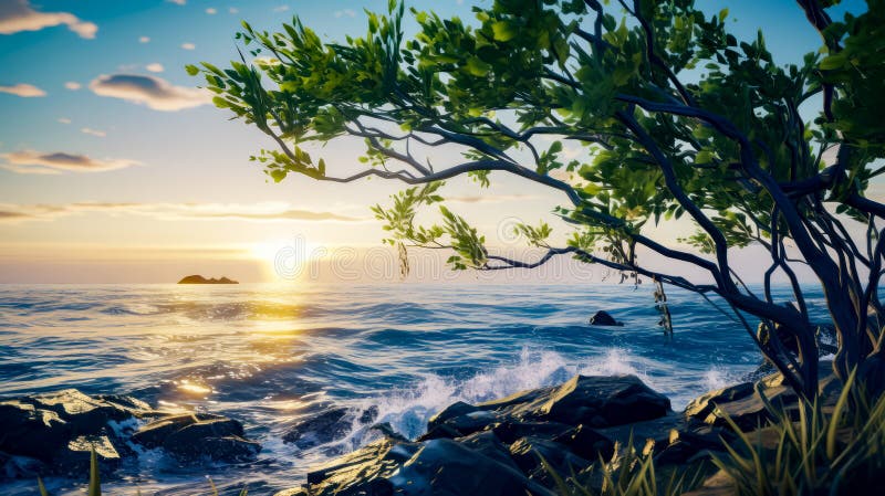 Painting of Sunset Over the Ocean with Tree in the Foreground ...