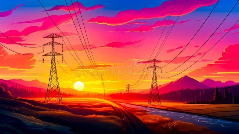 Painting of Sunset with Power Lines in the Foreground and Mountains in ...