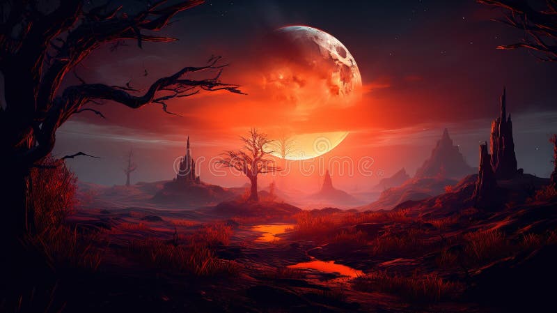 A Painting of a Sunset with a Red Moon and Trees Stock Illustration ...